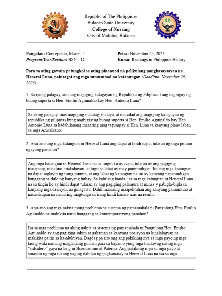 Heneral Luna Gawain (RPH BSN 1c) | PDF