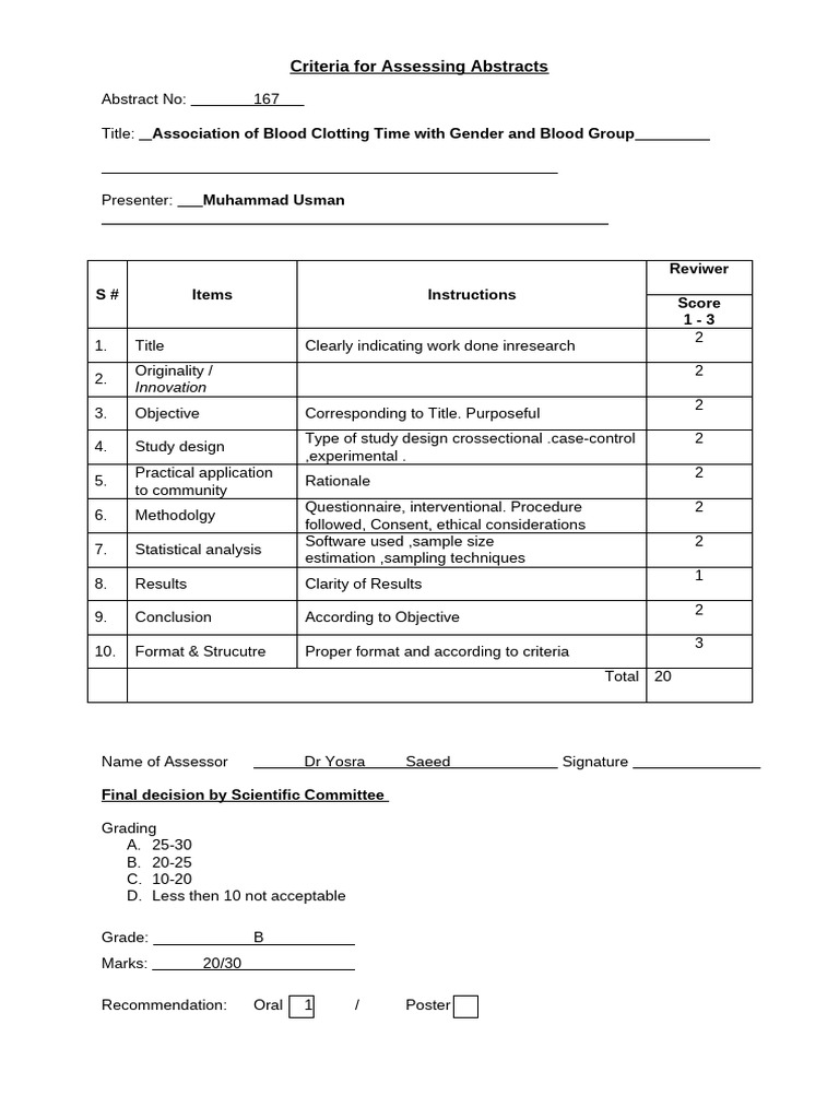 Criteria For Assessing Abstracts: Association of Blood Clotting Time ...