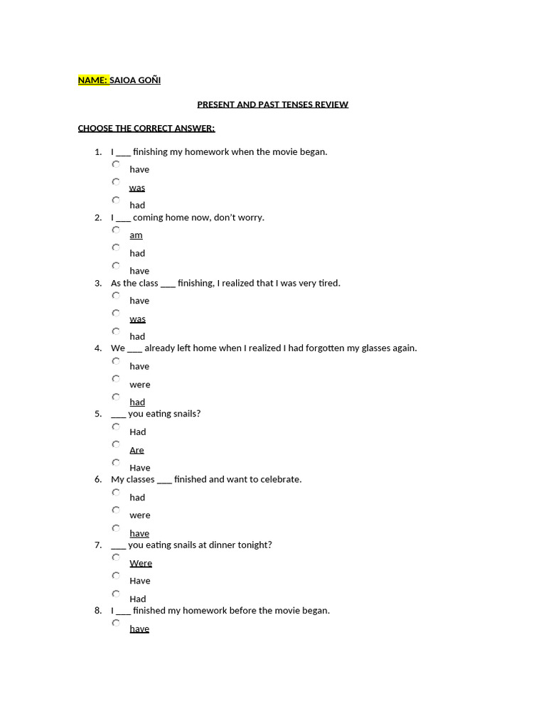 Present and Past Tenses Review | PDF