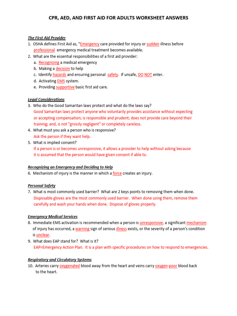 Answers To CPR Aed and First Aid Worksheet | PDF