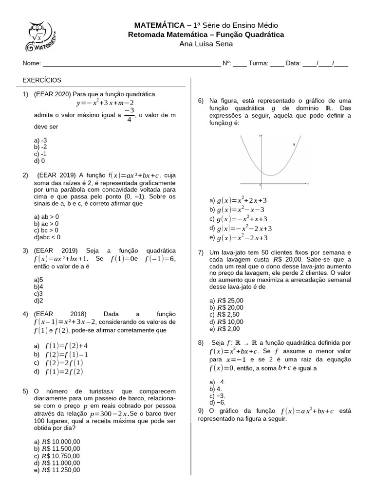 Retomada Matematica 1 Série - Função Quadratica | PDF