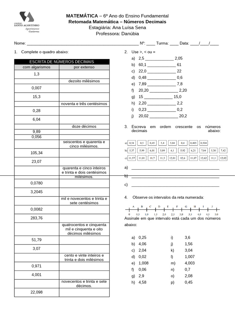 Retomada Matematica 6º Ano - Numeros Decimais | PDF