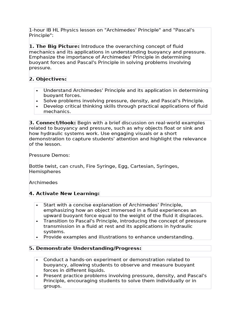 Archimedes and Pascal Fluid Dynamics IB HL Lesson Plan | PDF | Buoyancy | Fluid Mechanics