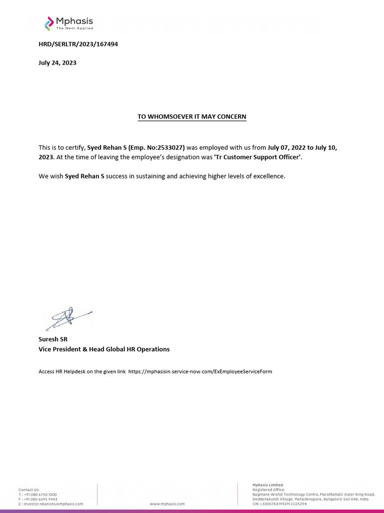 Syed Rehan S - Service Letter | PDF