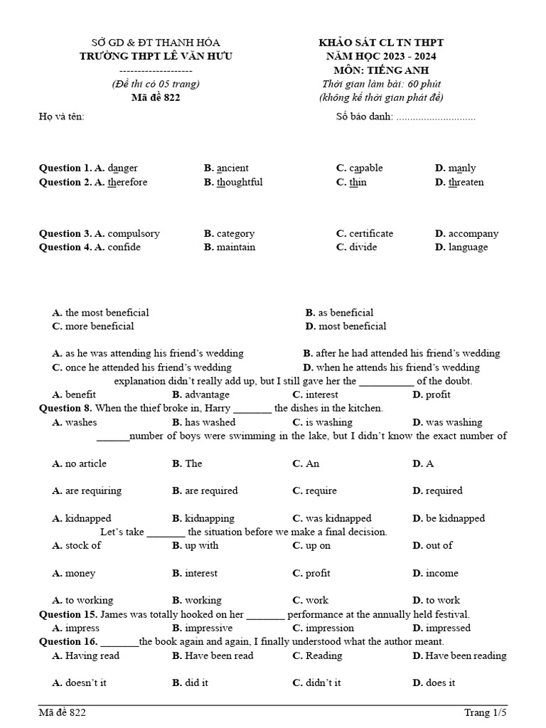 KSCL L1-K12 - MĐ 822 | PDF