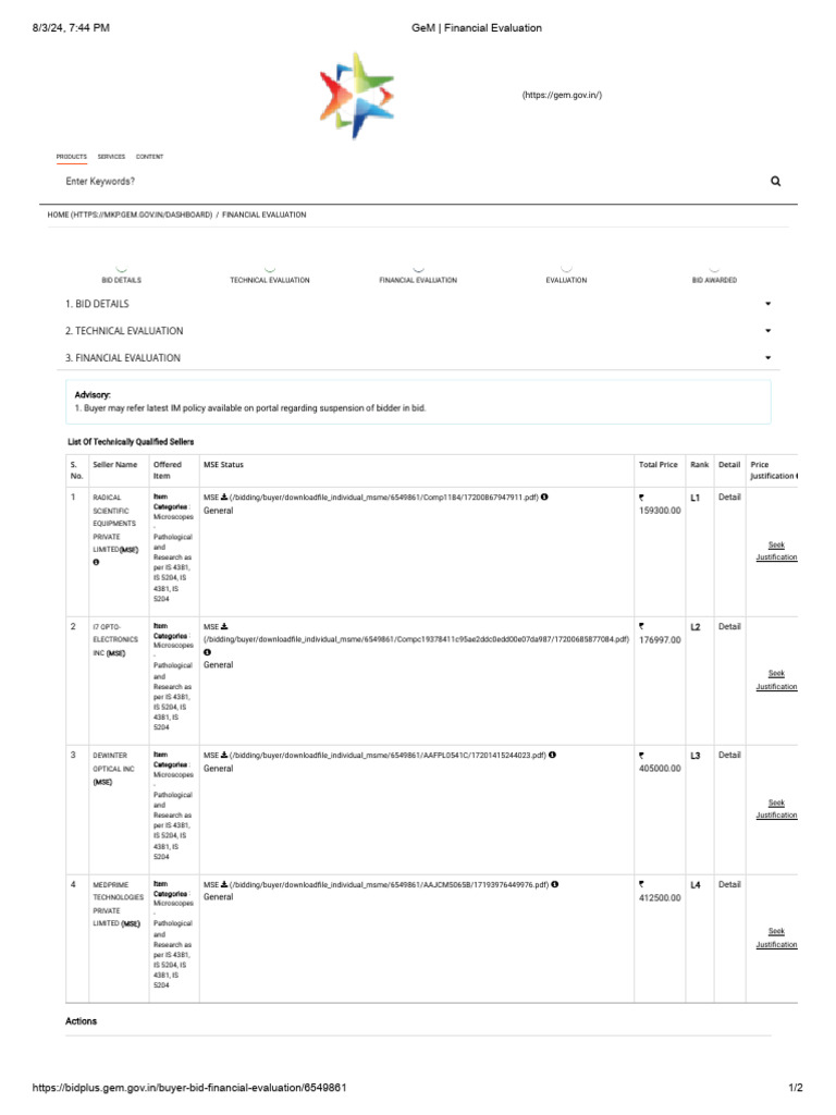 GeM - Financial Evaluation | PDF