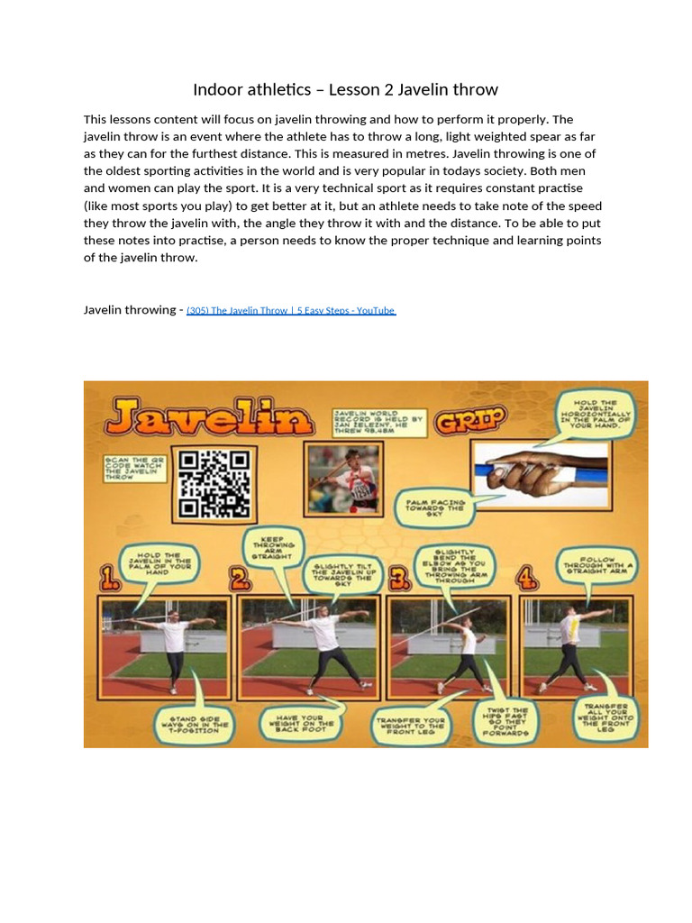 Indoor Athletics - Lesson 2 Javelin Throw | PDF