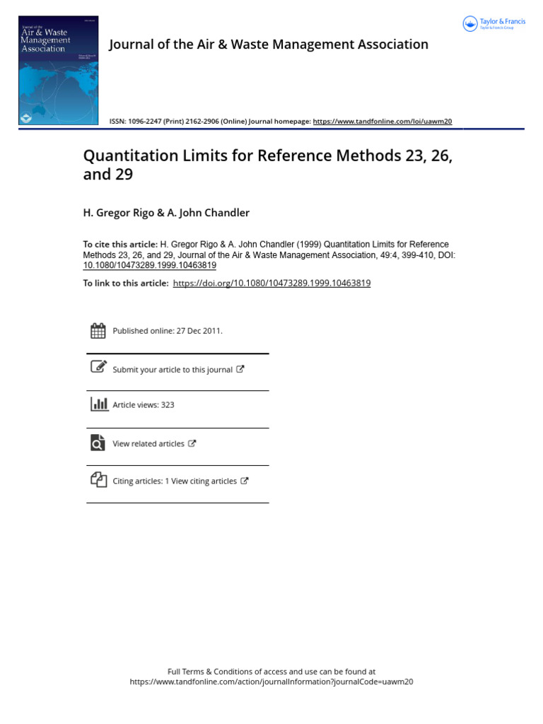 Quantitation Limits For Reference Methods 23 26 and 29 | PDF