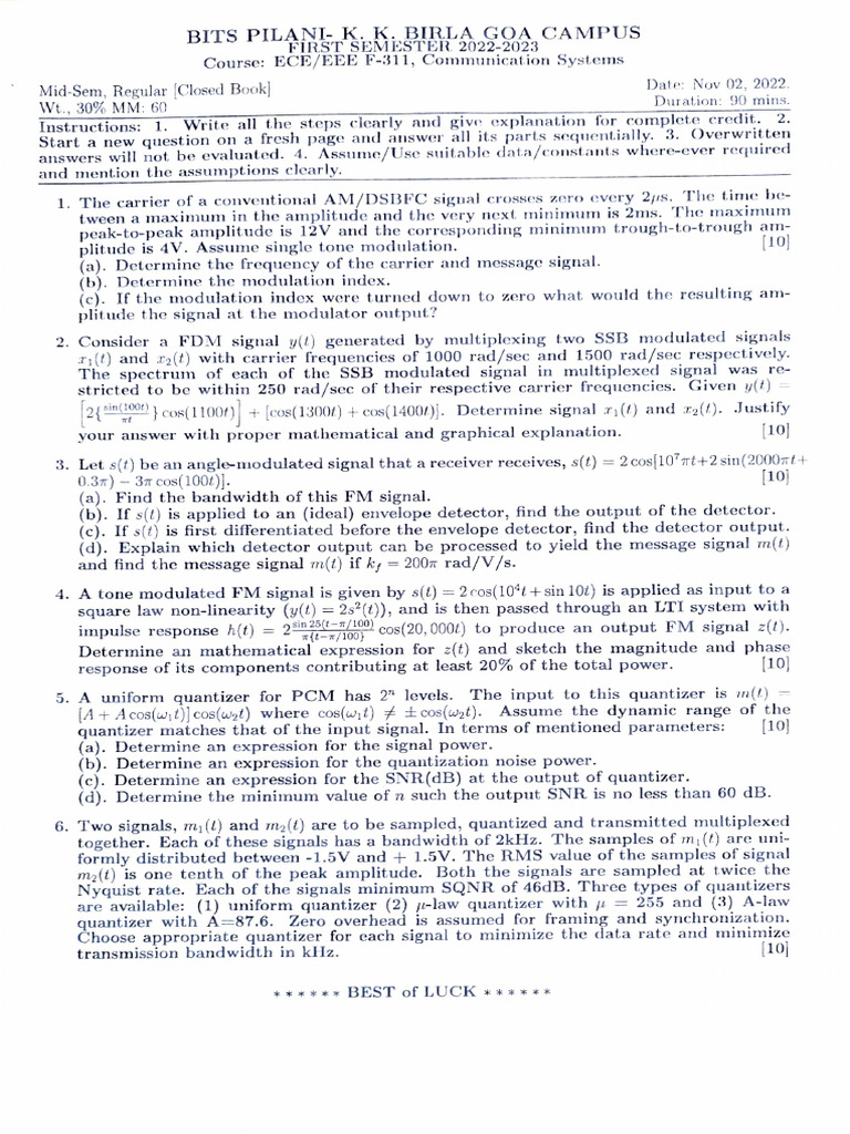 CommSys Midsem 2022-23 | PDF