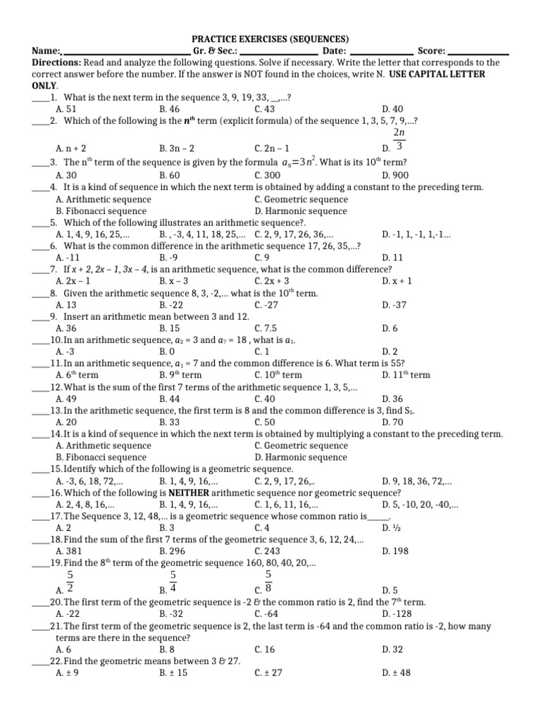 Exercises Sequences | PDF