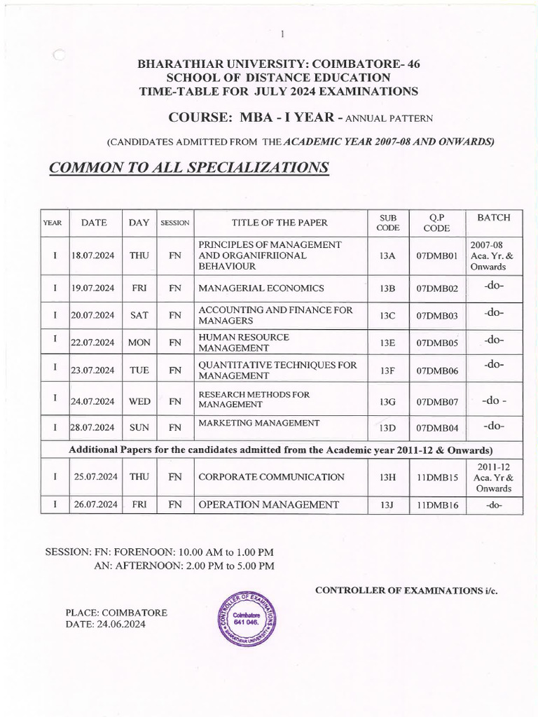 Mba Timetable | PDF