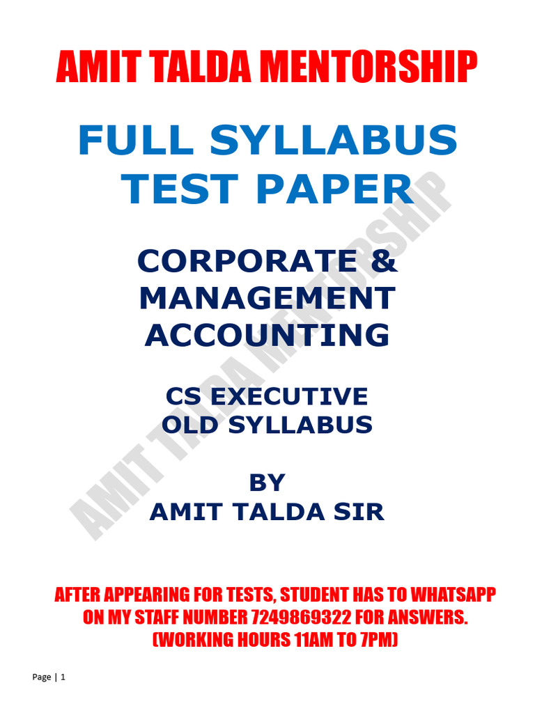 CMA Inter Corporate Accounting Test Paper | PDF | Balance Sheet ...