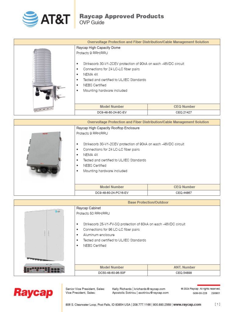 AT&T-OVP Approved Raycap Product Guide - (G09!00!226 - 230901) | PDF