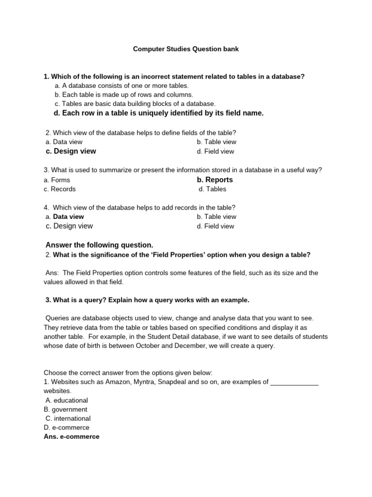 Computer Studies Question Bank: Database & E-commerce | PDF | Table ...