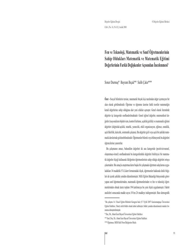 Fen Ve Teknoloji, Matematik Ve S N F Retmenlerinin Sahip Olduklar Matematik Ve Matematik E Itimi ...