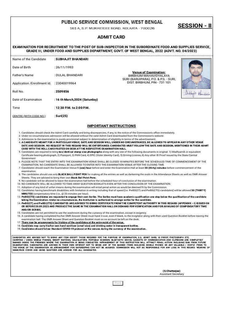 Food Si Exam Admit Card | PDF