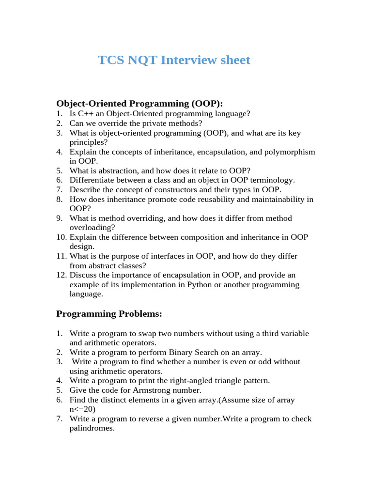 TCS NQT Interview Sheet | PDF