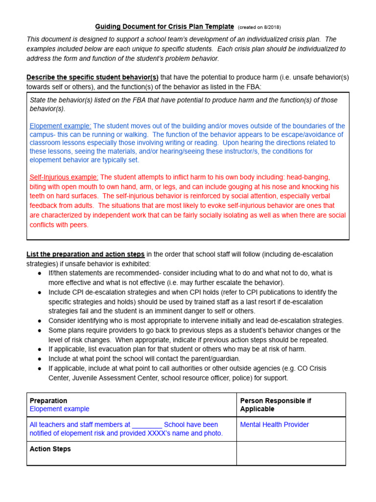 Guiding Document For Crisis Plan Template, 8 - 18 | PDF