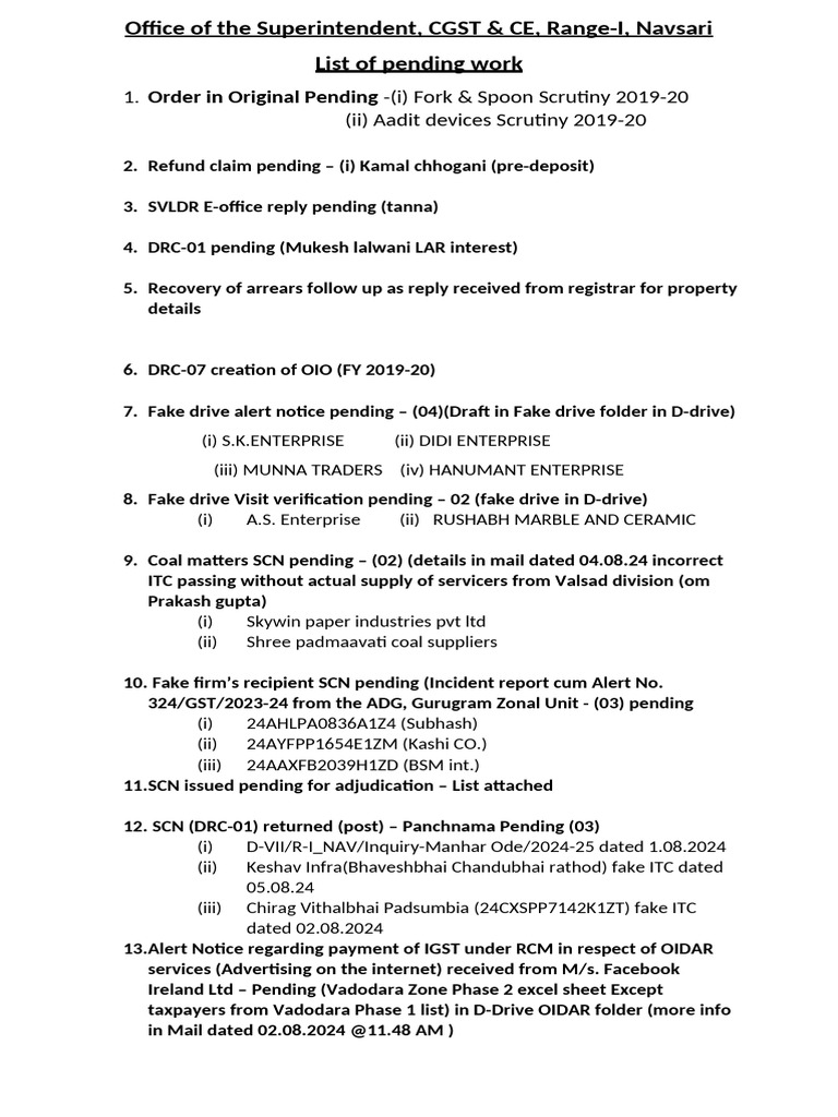 List of Pending Work As On 24.08.2024 | PDF