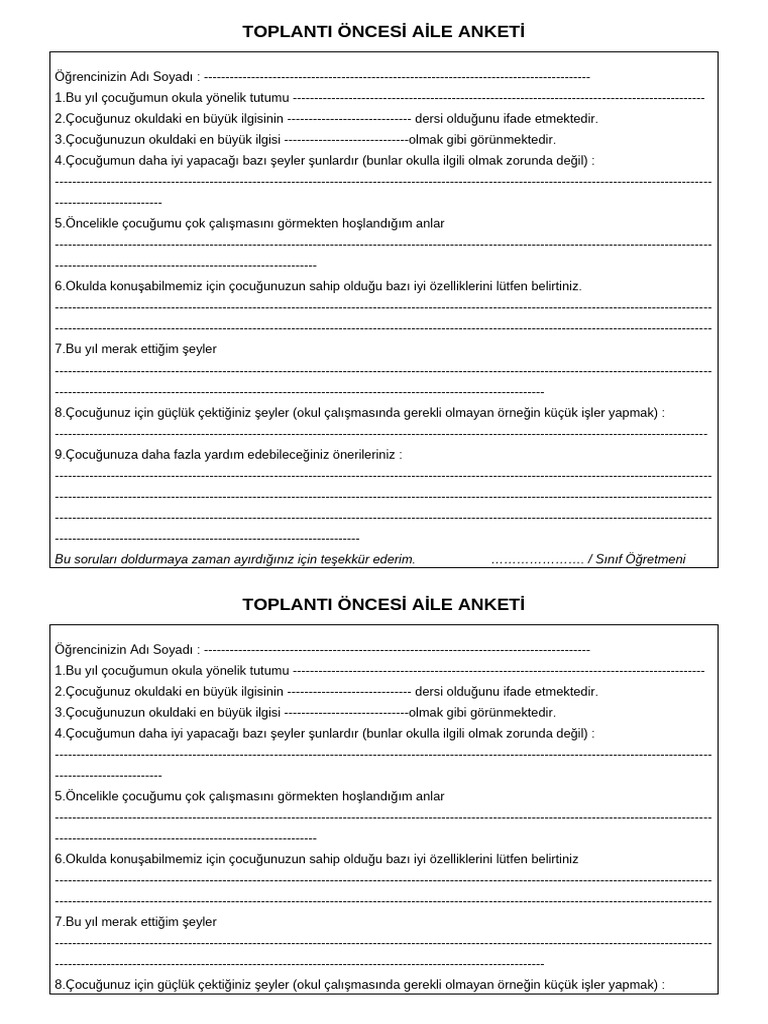 Veli Toplantısı Öncesi Aile Anketi | PDF