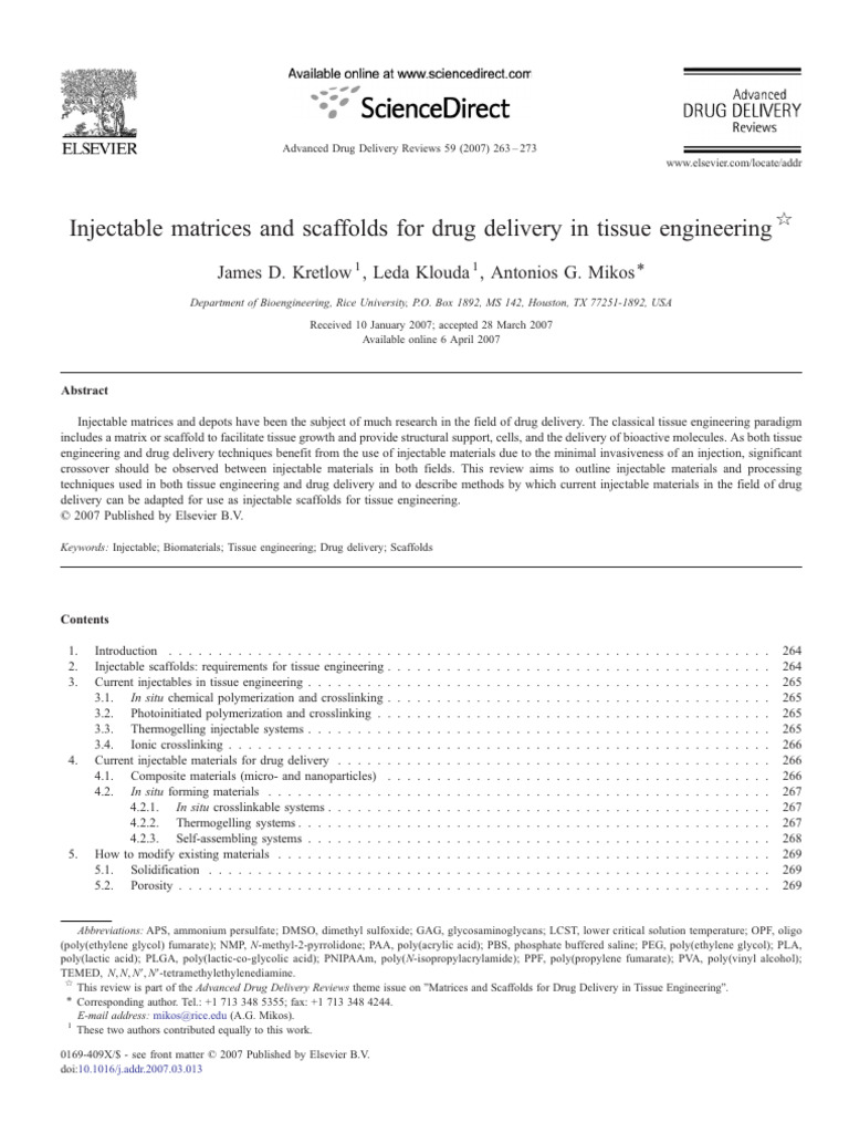 Injectable Matrices and Scaffolds For Drug Delivery in Tissue ...