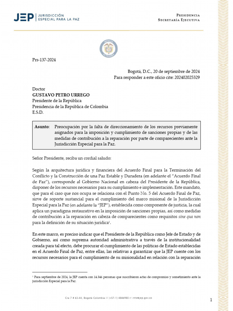Carta Del Presidente de La JEP A Gustavo Petro | PDF | Jurisdicción | Derecho