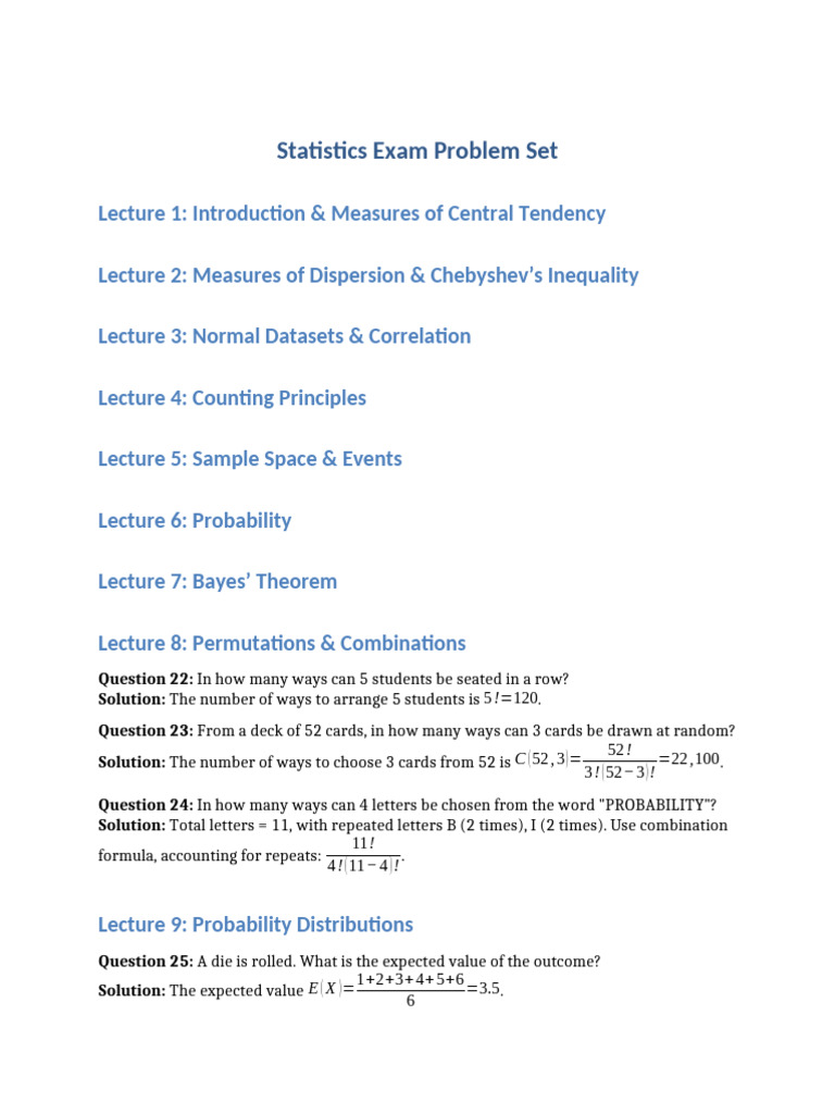 Statistics Exam Problem Set: Solution: Solution: Solution | PDF