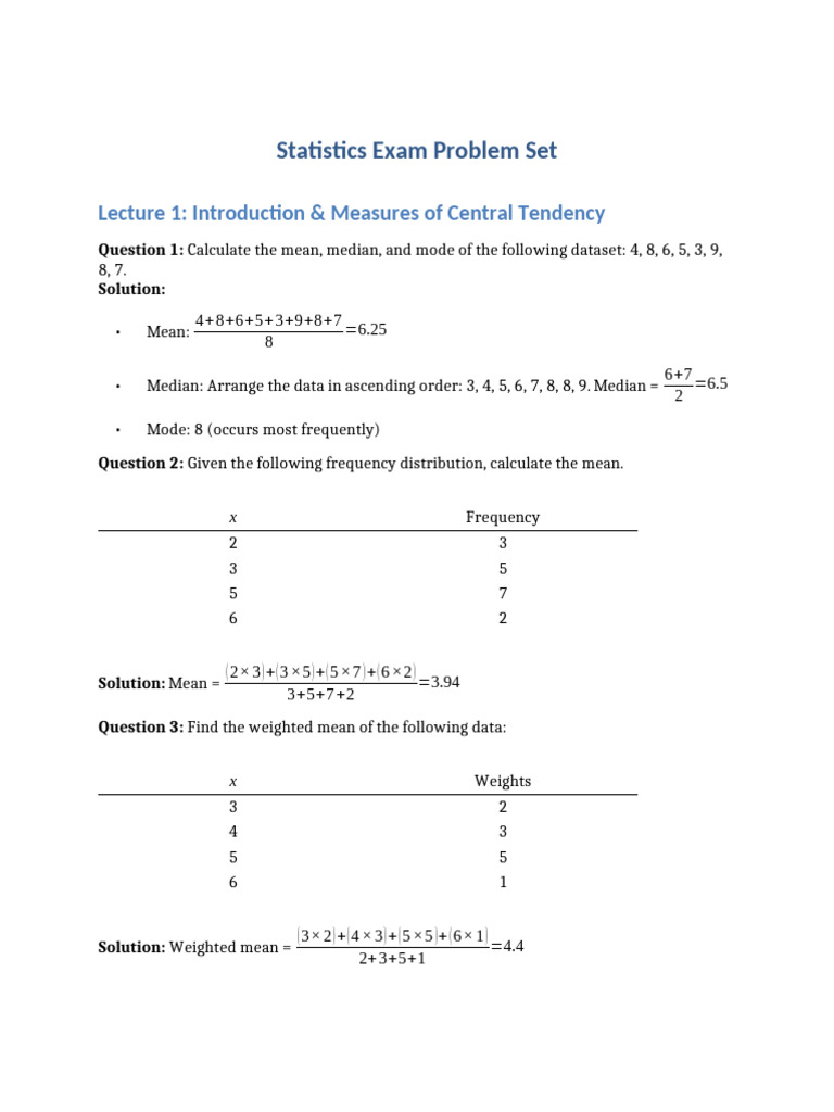 Statistics Exam Problem Set: Lecture 1: Introduction & Measures of Central Tendency | PDF