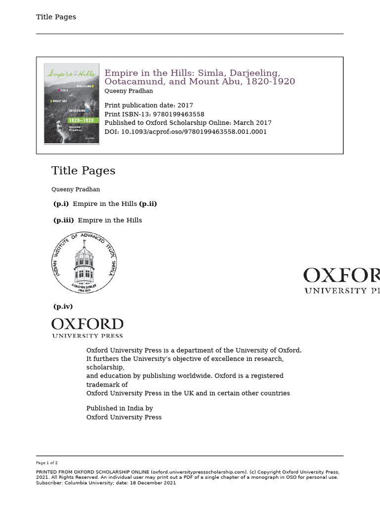 Queeny Pradhan - Empire in The Hills - Simla, Darjeeling, Ootacamund ...