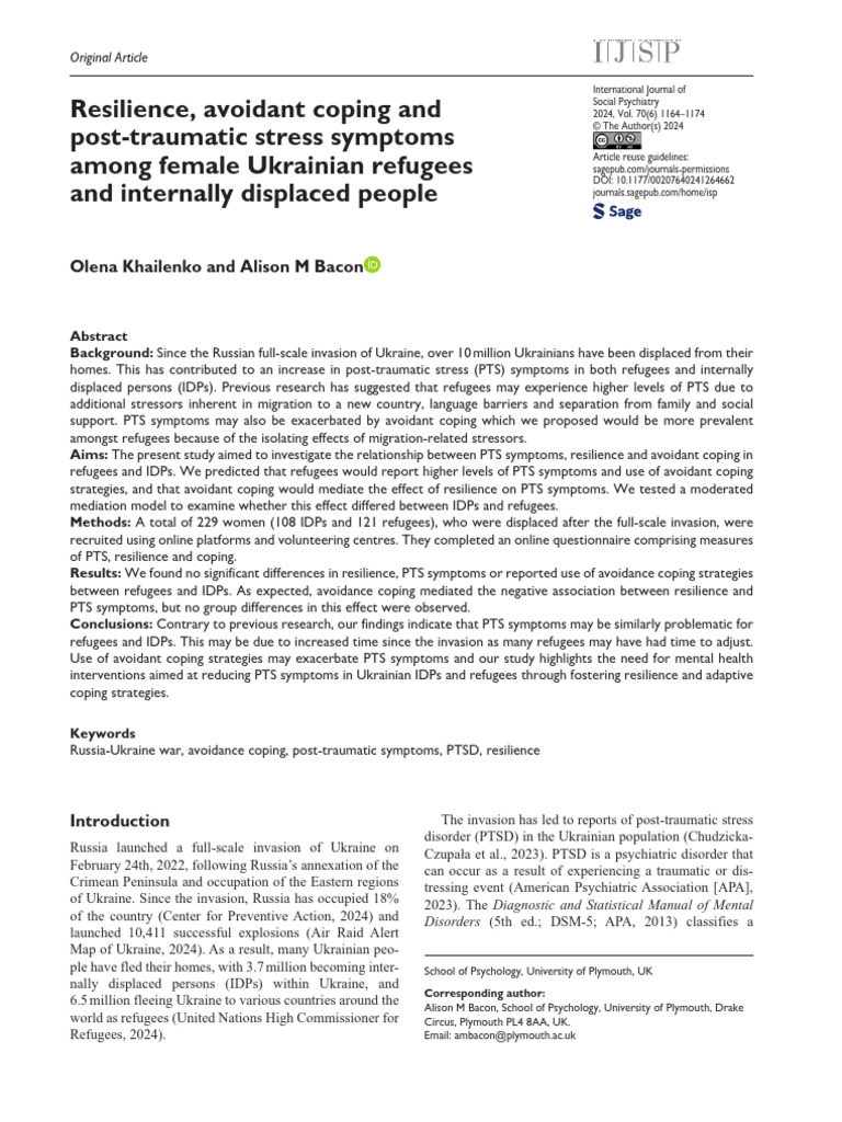 Resilience Avoidant Coping and Post Traumatic Stress Symptoms Among ...