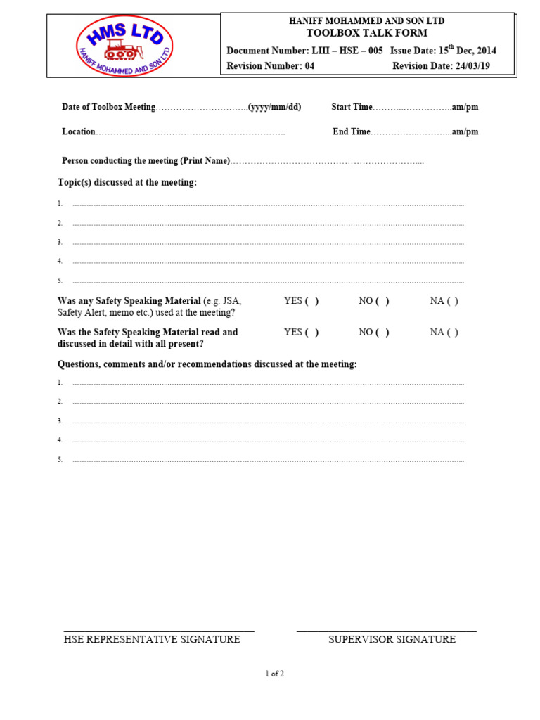 LIII - HSE - 005 - Toolbox Meeting Form | PDF