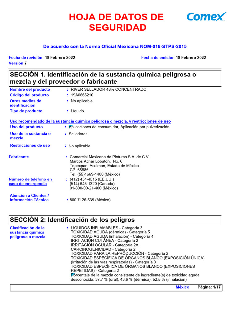 Hoja de Seguridad Comex Sellador 48% | PDF