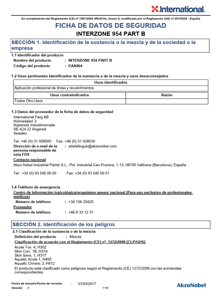Hoja de Seguridad International Interzone 954 Parte B | PDF