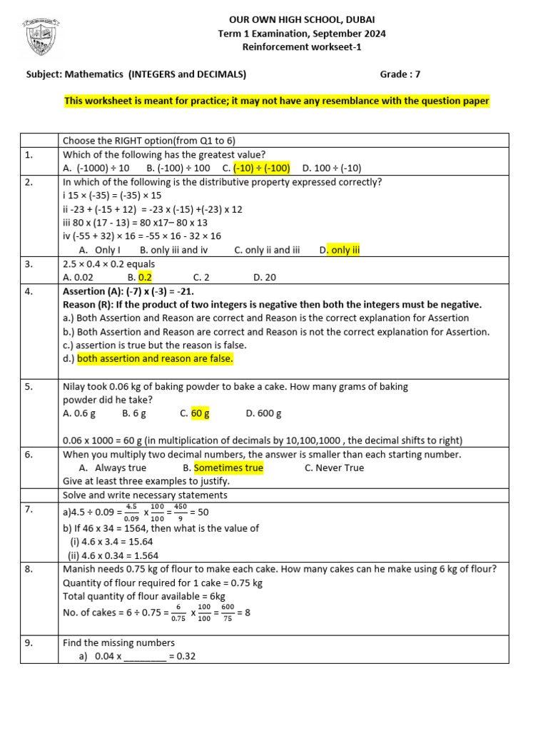 Term-1 Math Reinforcement Worksheet1 Answer Key | PDF Term-1 Math Reinforcement Worksheet1 Answer Key | PDF