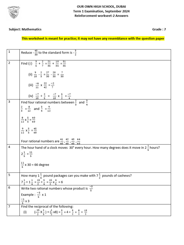 Answers Term-1 Math Reinforcement Worksheet 2 Grade 7 | PDF