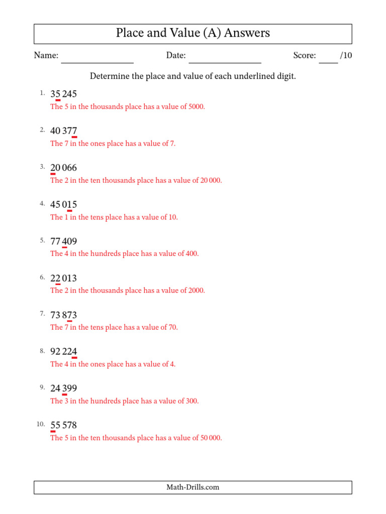 Place and Value (A) Answers: Name: Date: Score: /10 Determine The Place ...