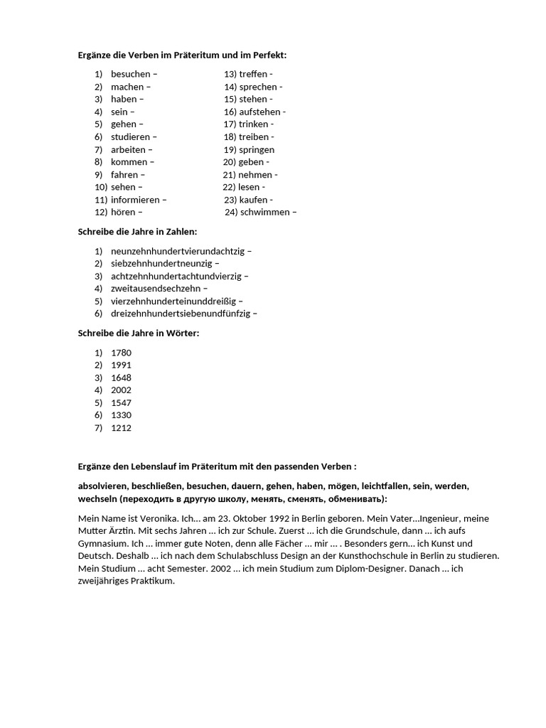Ergänze Die Verben Im Präteritum Und Im Perfekt | PDF