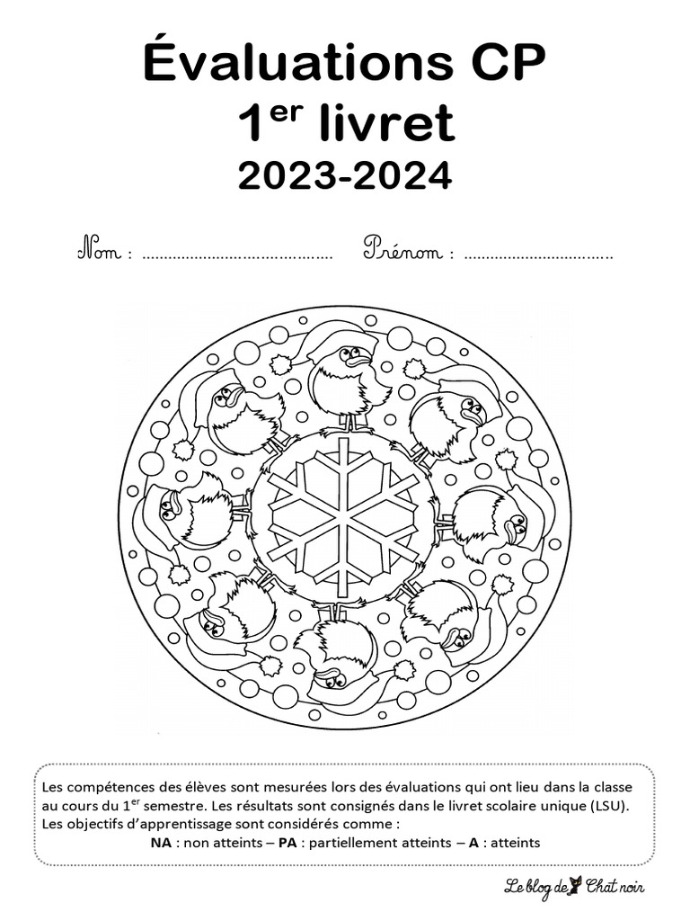 Evaluations Livret 1 CP 2023-2024 Chat Noir New | PDF