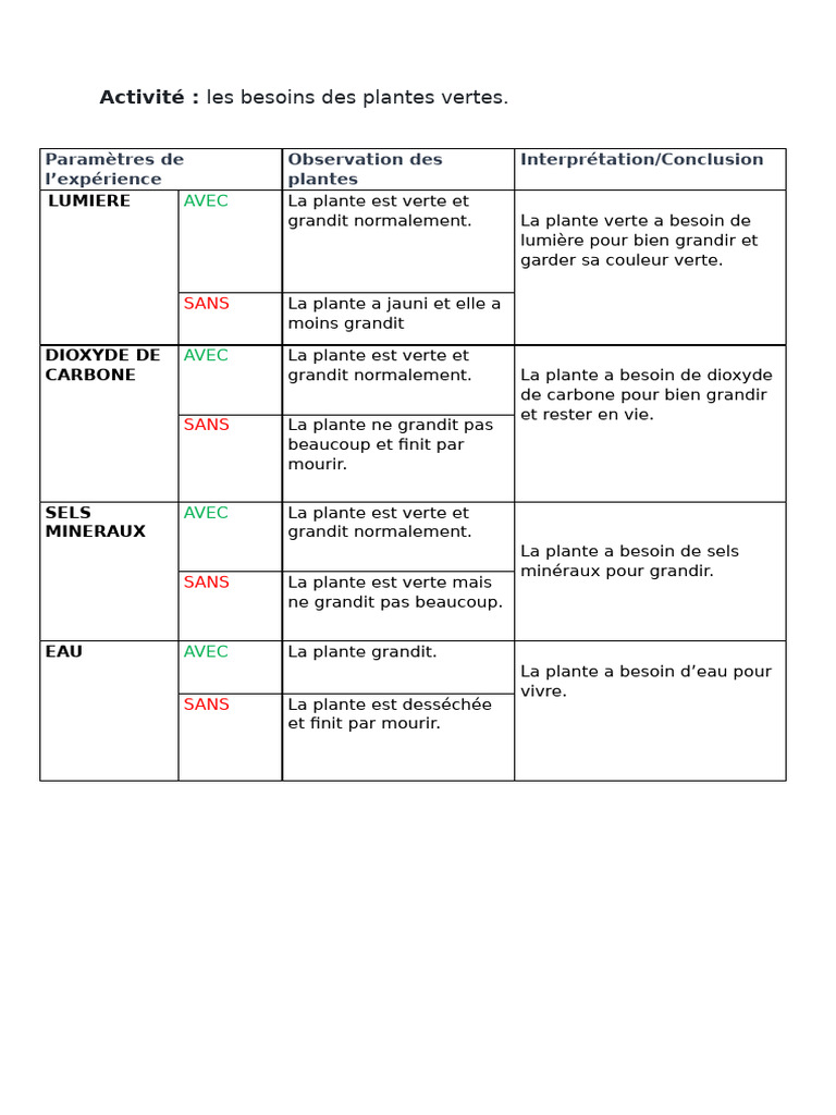 Correction de l' Activité Les Besoins Des Plantes Vertes. | PDF