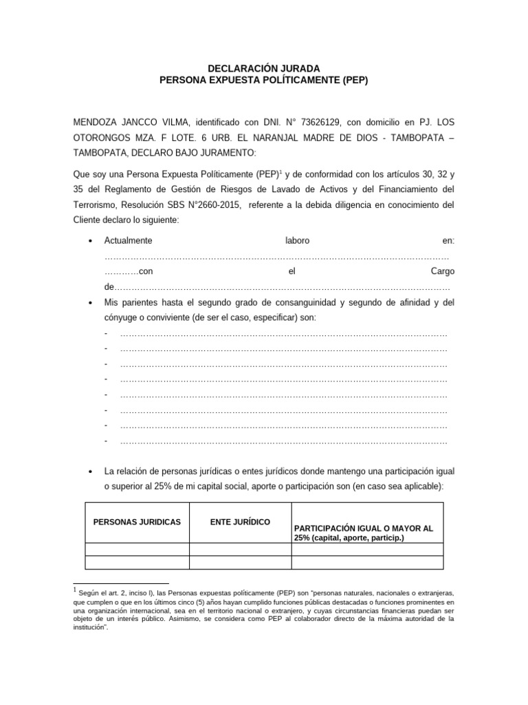 Declaracion Jurada de Persona Expuesta Políticamente (PEP) 2 | PDF