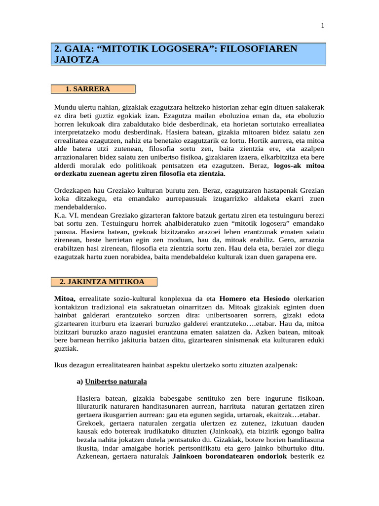 2.gaia Mitotik Logosera, Filosofiaren Jaiotza. | PDF