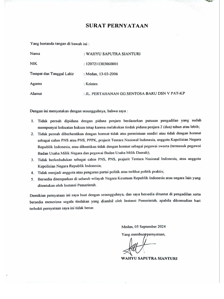 Surat Pernyataan Wahyu | PDF