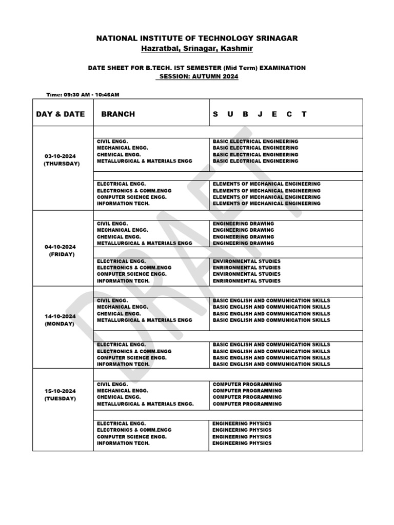 Final Draft Mid Term1st Sem Date Sheet 2024 Batch | PDF