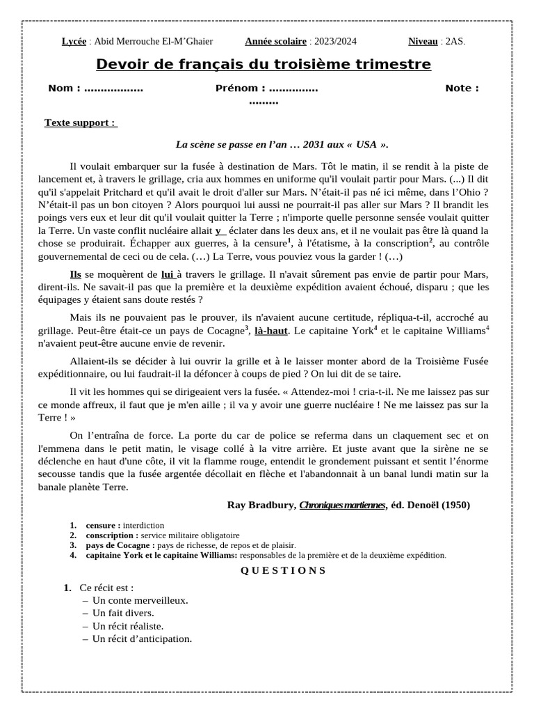 DEVOIR N°3 Nouvelle D'anticipaton (2AS) | PDF
