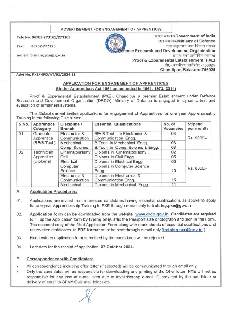 DRDO PXE Graduate Technician Apprentice Recruitment 2024 Notification | PDF
