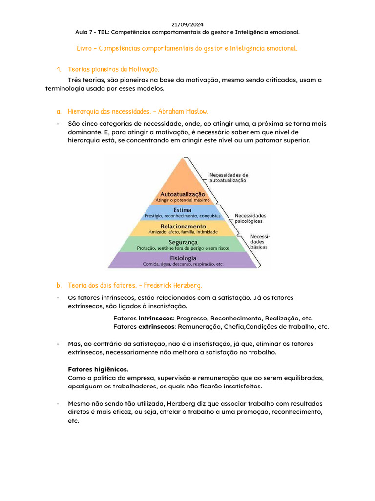 Aula 7 - TBL - Competências Comportamentais Do Gestor e Inteligência Emocional. - Resumo. | PDF