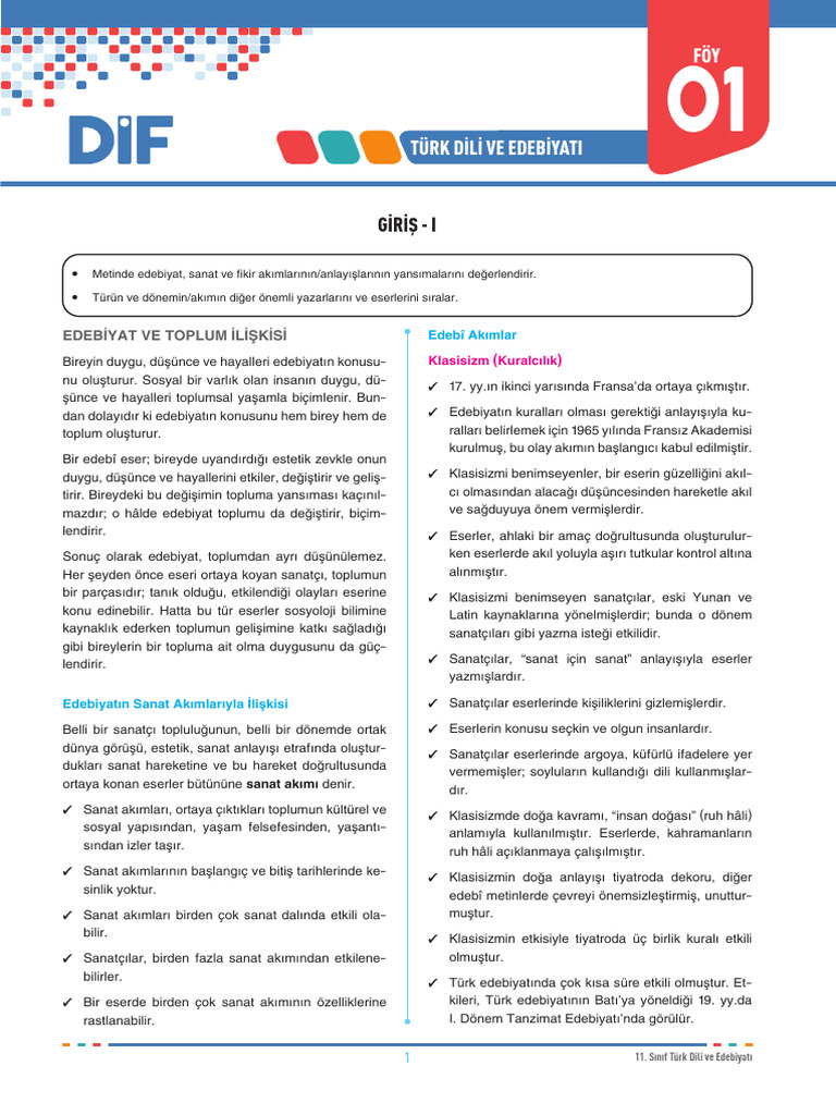 SINIF EDEBİYAT - DİF - FÖY 1 - Ornek | PDF