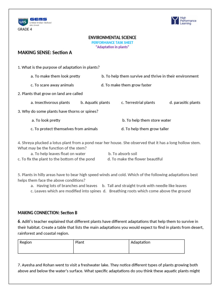 Grade 4 LBPT - Plant Adaptation | PDF