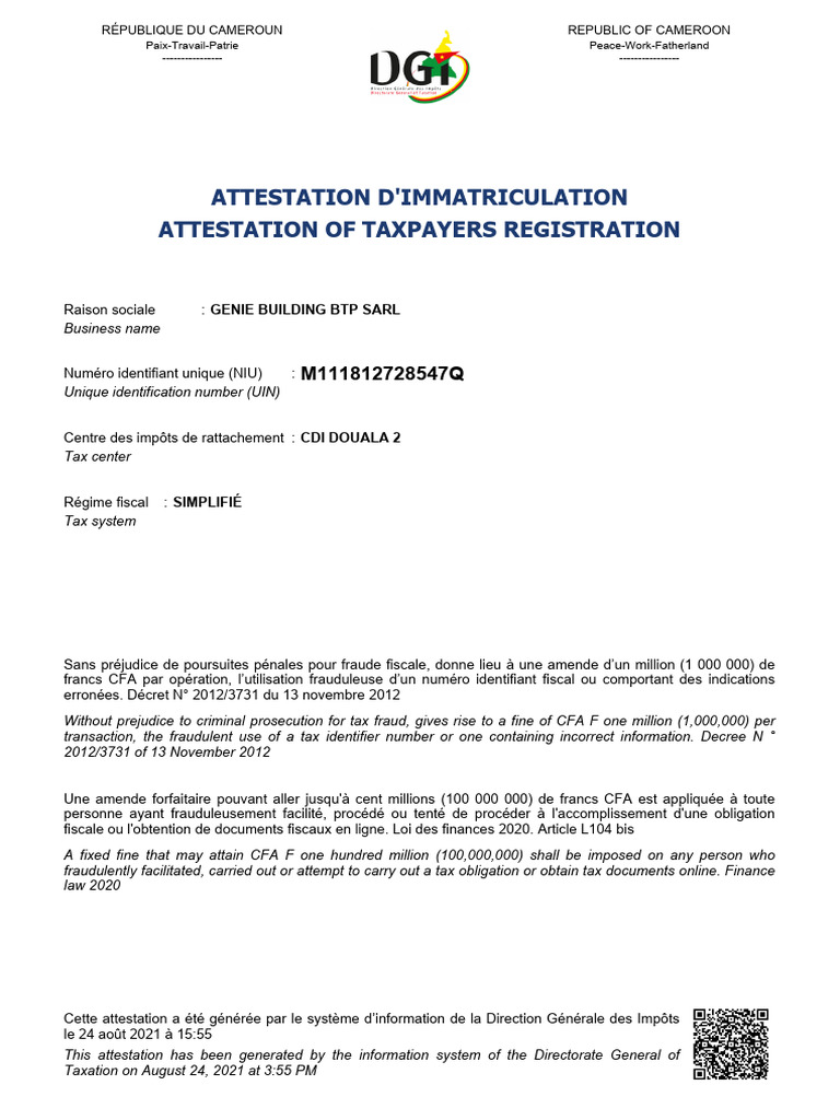 Attestation of Taxpayers Registration | PDF