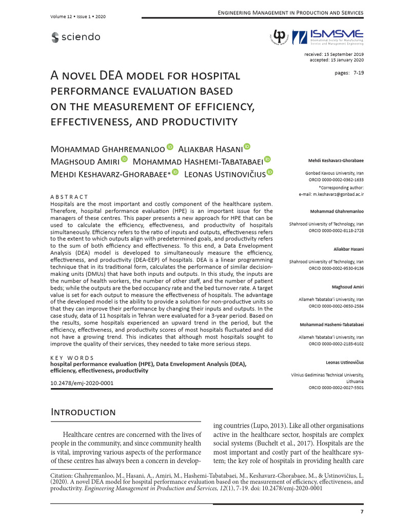 A Novel DEA Model For Hospital Performance Evaluation Based On The Measurement of Efficiency ...